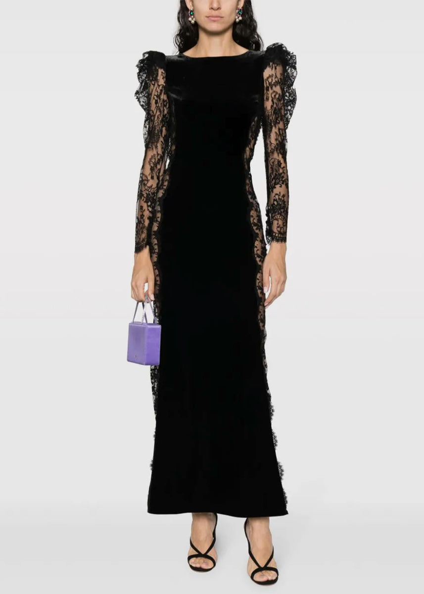 Black Velvet Lace Intarsia Evening Dress | LEISURE CENTER