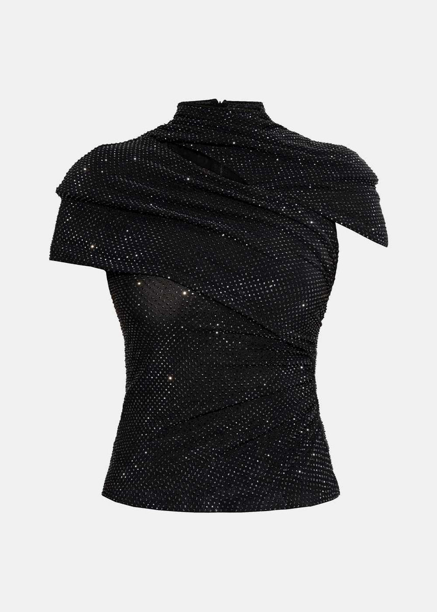 Black Rhinestone Mesh Cut Out Top | LEISURE CENTER