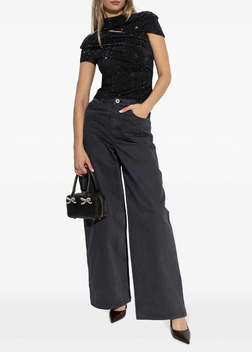 Black Rhinestone Mesh Cut Out Top | LEISURE CENTER