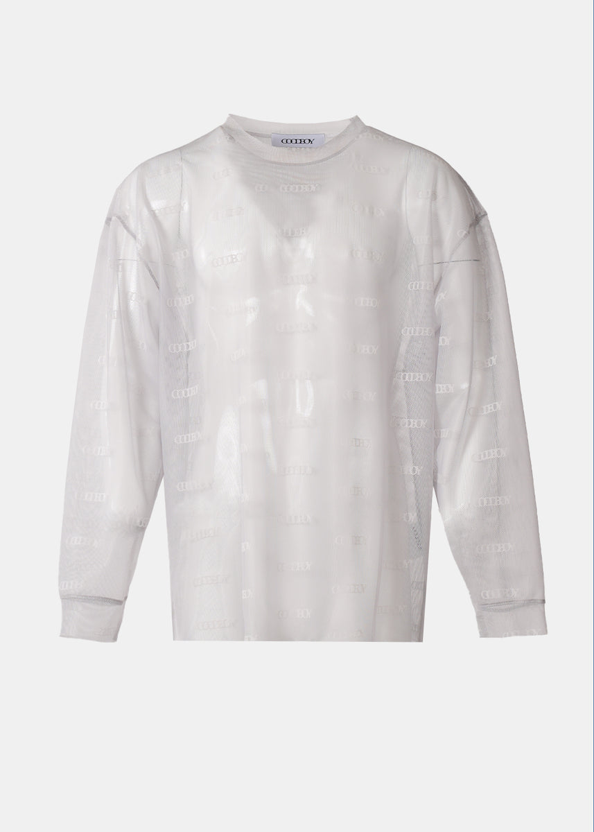 White Embossed Logo Mesh Long Sleeve Tee | LEISURE CENTER